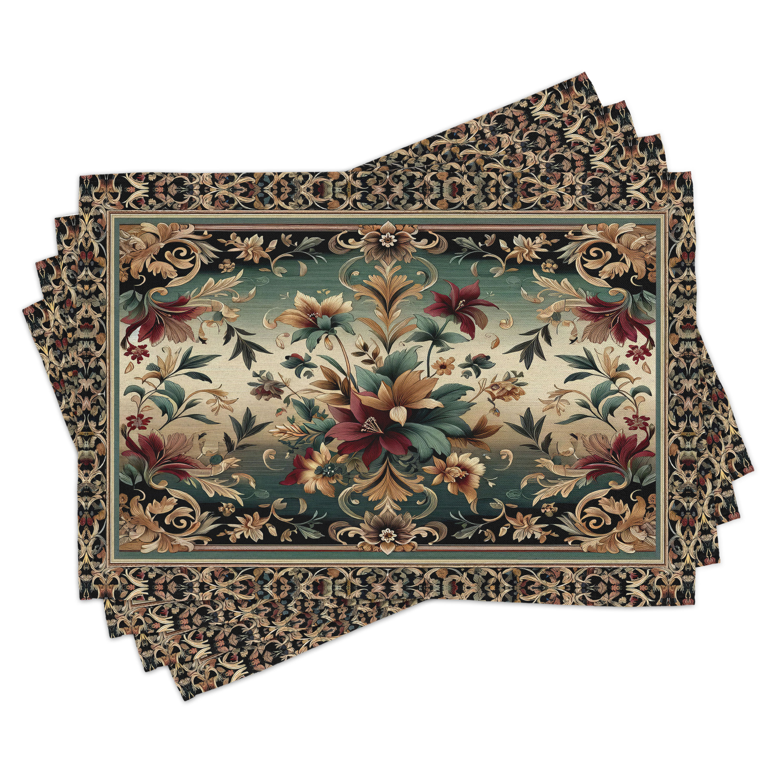 Ambesonne Oriental Floral Table Runner & Placemats Placemat 4 pcs + Runner 16"x72" Green Ruby ...